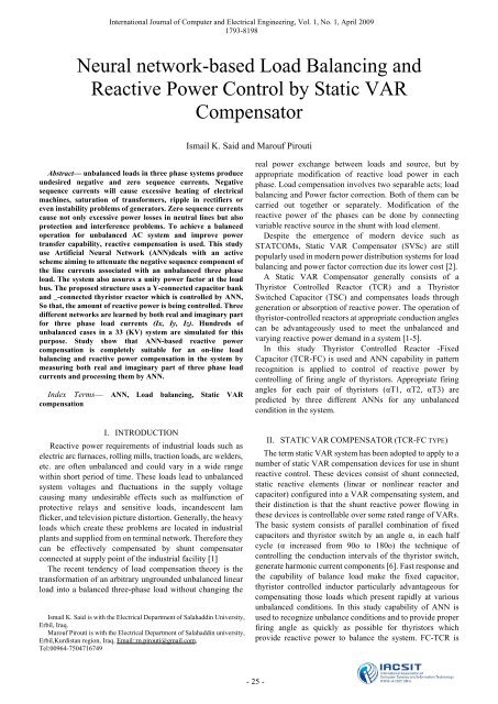 Neural network-based Load Balancing and Reactive Power ... - ijcee
