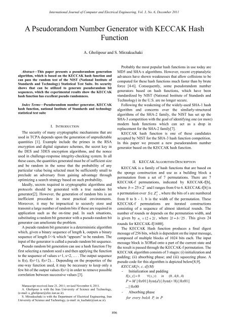 A Pseudorandom Number Generator with KECCAK Hash ... - ijcee