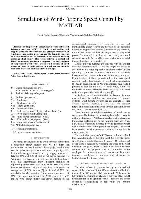Simulation of Wind-Turbine Speed Control by MATLAB - ijcee