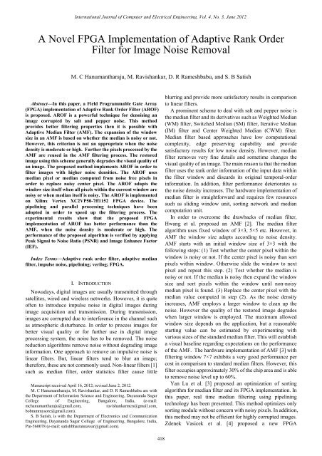A Novel FPGA Implementation of Adaptive Rank Order Filter ... - ijcee