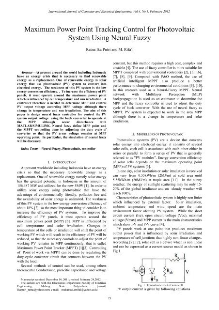 Maximum Power Point Tracking Control for Photovoltaic System - ijcee