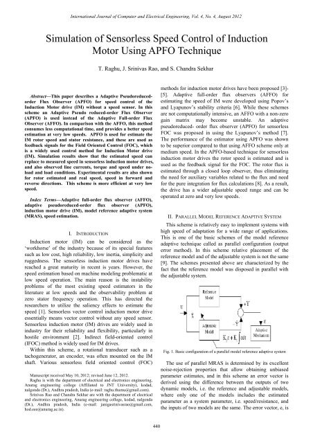 Simulation Of Sensorless Speed Control Of Induction Motor Ijcee
