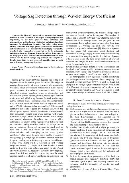 Voltage Sag Detection through Wavelet Energy Coefficient - ijcee
