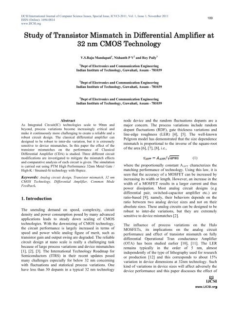 Study of Transistor Mismatch in Differential Amplifier at 32 nm ... - IJCSI