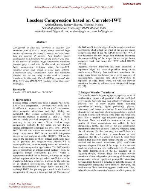 Lossless Compression based on Curvelet-IWT - International ...