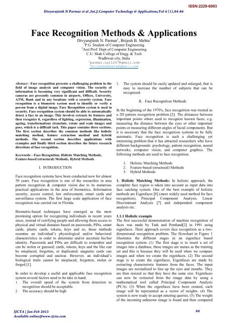 Face Recognition Methods & Applications - International Journal of ...