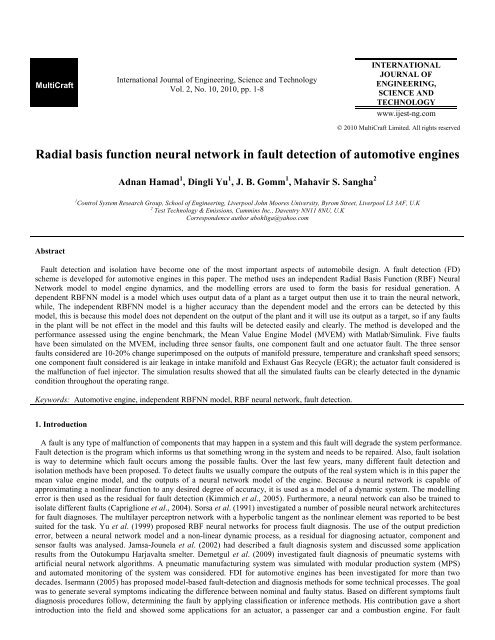 Radial Basis Function Neural Network In Fault Detection International