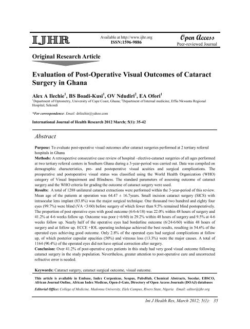Evaluation Of Post Operative Visual Outcomes Of Cataract Surgery In