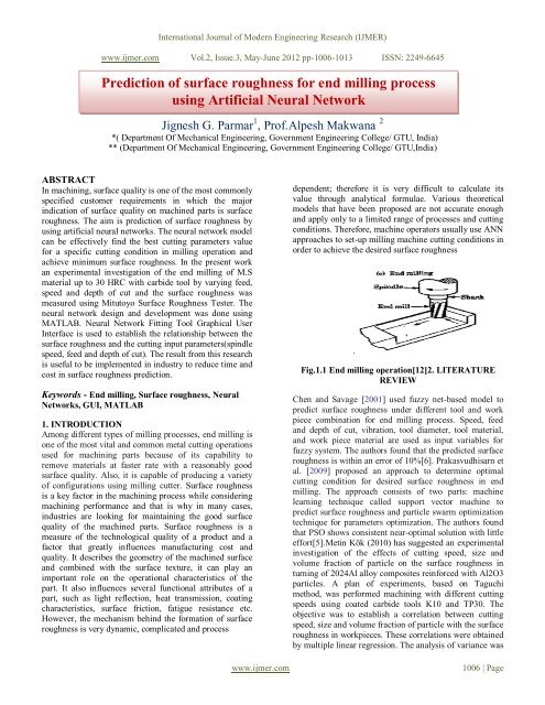 Prediction Of Surface Roughness For End Milling Process Using Ijmer