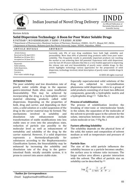 Solid Dispersion Technology: A Boon for Poor Water Soluble Drugs