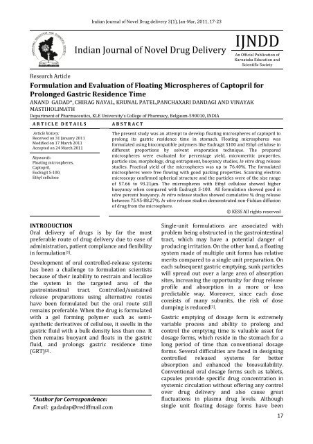 Formulation And Evaluation Of Floating Microspheres Of Captopril For