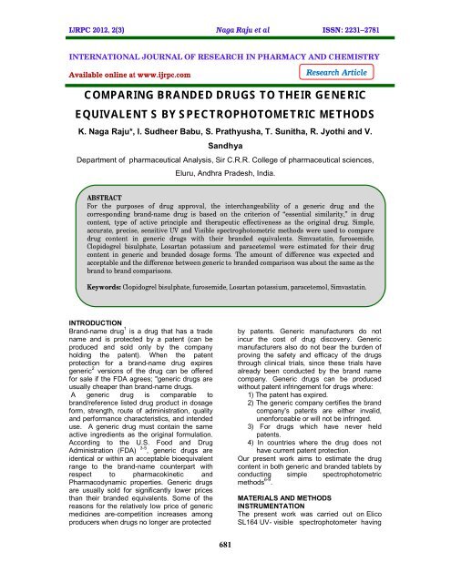 comparing branded drugs to their generic equivalent s by - ijrpc