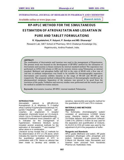 Rp Hplc Method For The Simultaneous Estimation Of Atrovastatin Ijrpc