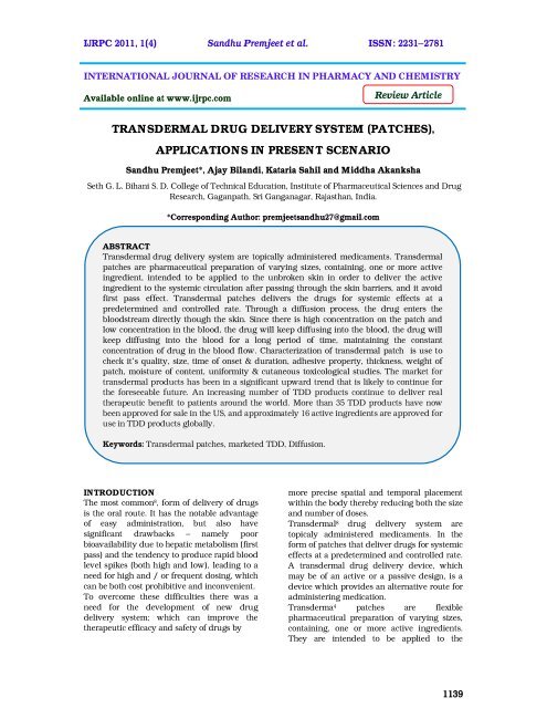 transdermal drug delivery system (patches), applications in ... - ijrpc