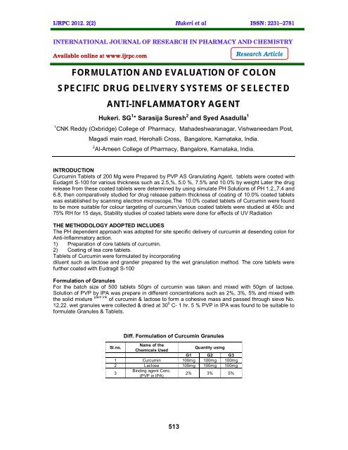 Formulation And Evaluation Of Colon Specific Drug Delivery Ijrpc