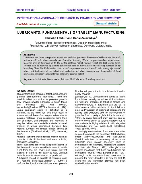 lubricants: fundamentals of tablet manufacturing - ijrpc