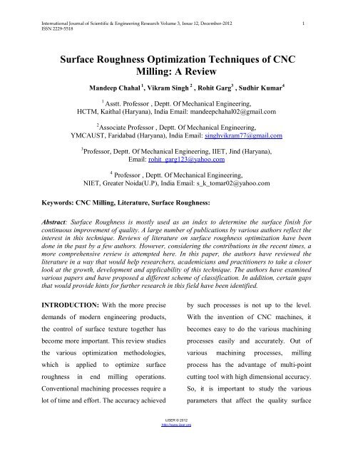 Surface Roughness Optimization Techniques Of Cnc Milling A