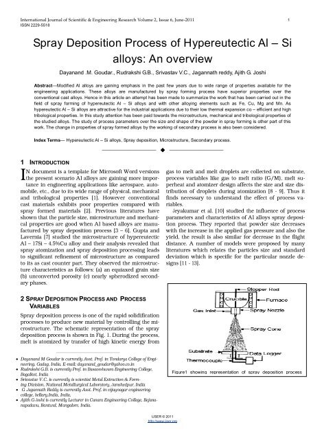 Spray Deposition Process of Hypereutectic Al – Si alloys: An overview
