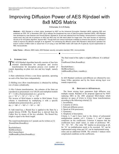 Improving Diffusion Power of AES Rijndael with 8x8 MDS Matrix