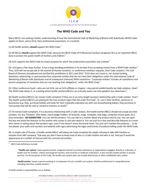 The WHO Code and You - International Lactation Consultant ...