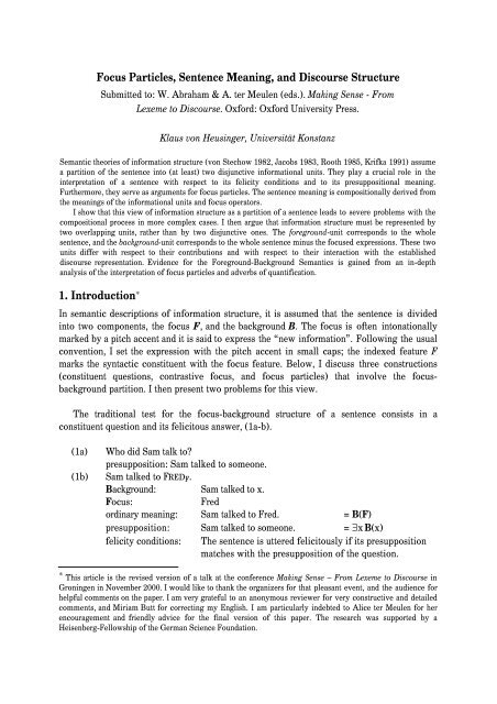 Focus Particles, Sentence Meaning, and Discourse Structure