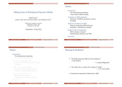 Making Sense Of Distributional Semantic Models Outline Outline