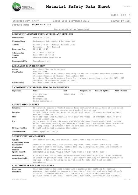 Material Safety Data Sheet - Industrial Lubricants & Services Limited