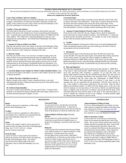 INSTRUCTIONS FOR PROOF OF CLAIM FORM The instructions ...