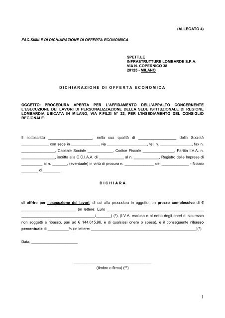 (allegato 4) fac-simile di dichiarazione di offerta economiica spett.le ...
