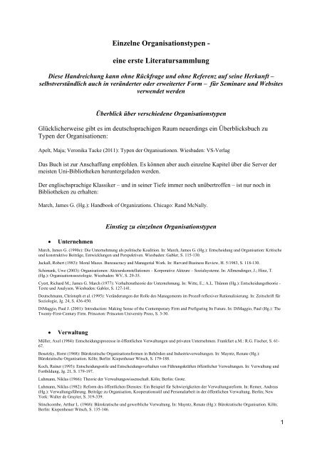 Einzelne Organisationstypen - eine erste Literatursammlung