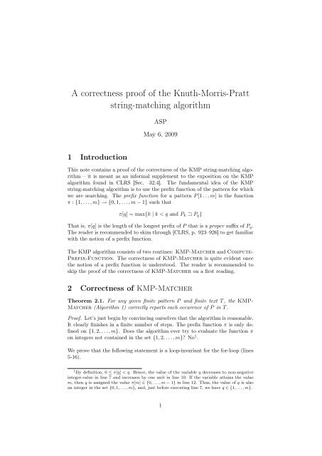 A Correctness Proof Of The Knuth Morris Pratt String Matching Algorithm