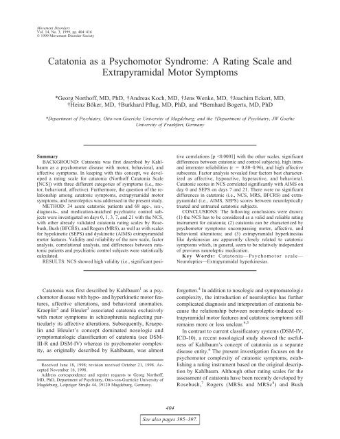 Catatonia as a psychomotor syndrome: A rating scale ... - The Royal