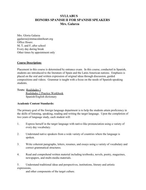 SYLLABUS HONORS SPANISH II FOR SPANISH SPEAKERS Mrs ...