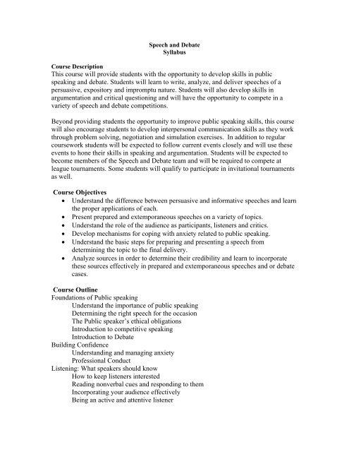Speech and debate syllabus - Immaculate Heart High School