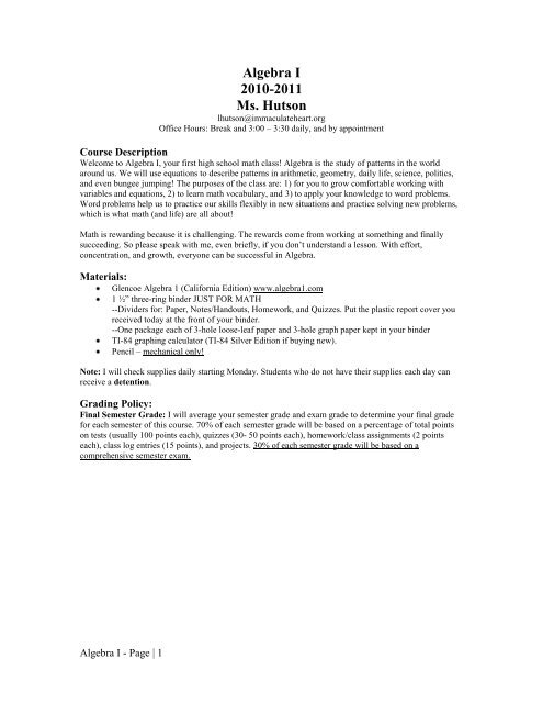 Algebra 1 - Immaculate Heart High School