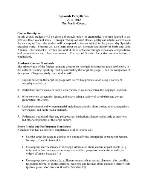 Spanish IV Syllabus - Immaculate Heart High School