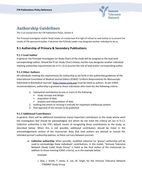 Authorship Guidelines - Immune Tolerance Network