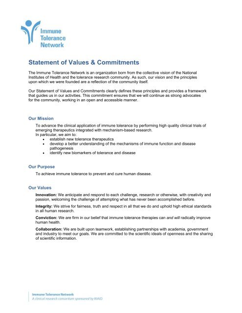 ITN Statement of Values & Commitments - Immune Tolerance Network