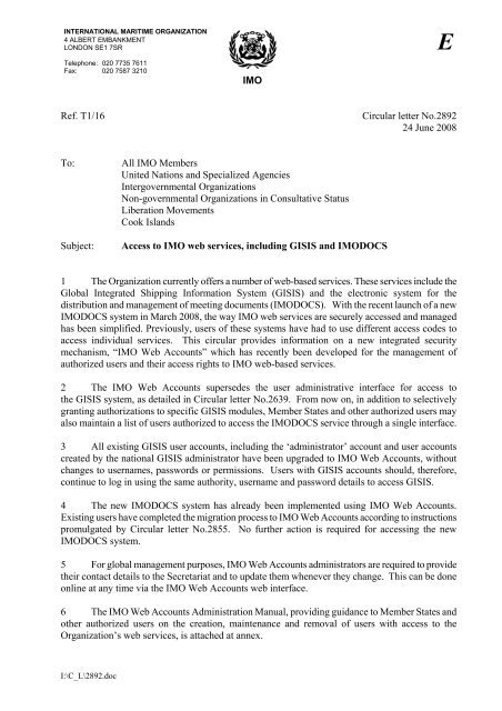 IMO Ref. T1/16 Circular letter No.2892 24 June 2008 To: All IMO ...