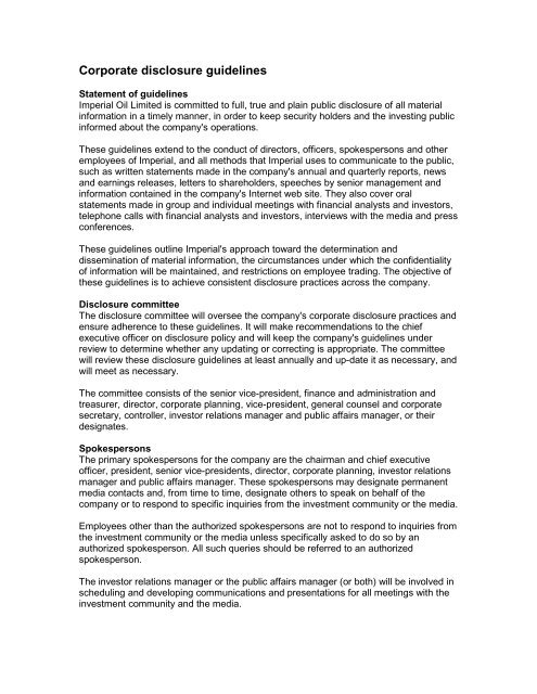 Corporate disclosure guidelines - Imperial Oil