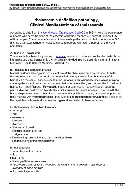 thalassemia definition,pathology, Clinical Manifestations of thalassemia