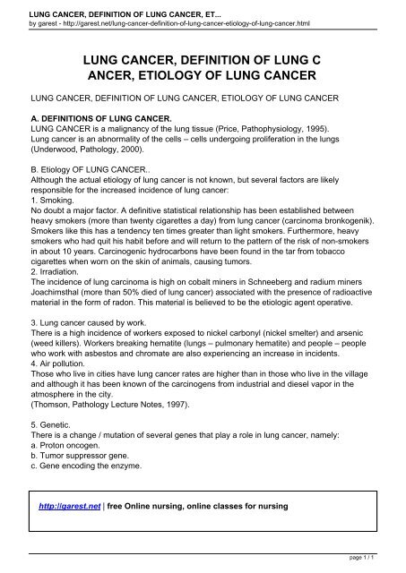 LUNG CANCER, DEFINITION OF LUNG C ANCER, ETIOLOGY OF LUNG CANCER