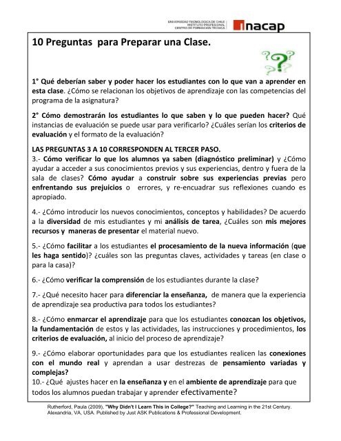 10 Preguntas para Preparar una Clase. - Inacap