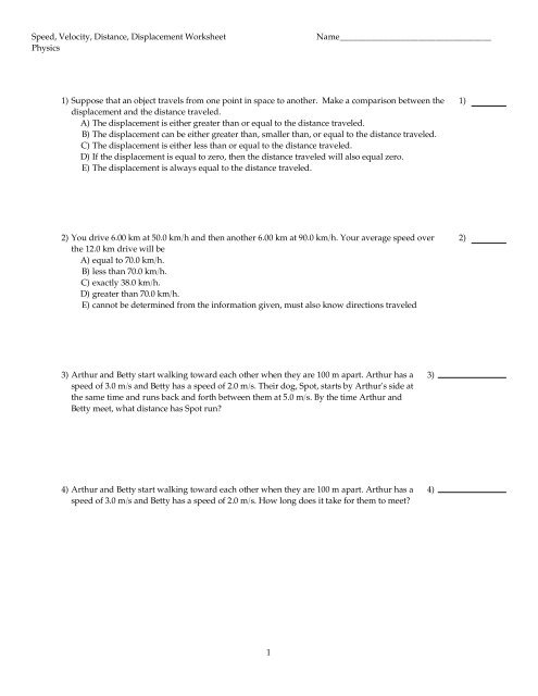Distance Displacement Worksheet Distance Displacement Worksheet
