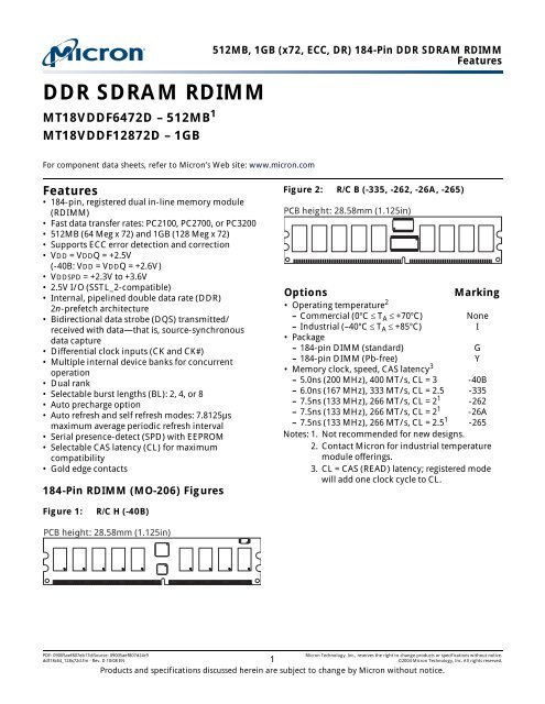 Ddr Sdram Rdimm 184 Pin 512mb 1gb X72 Data Sheet Micron 