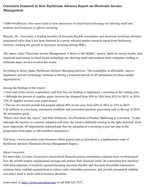 Corcentric Featured in New PayStream Advisors Report on Electronic ...