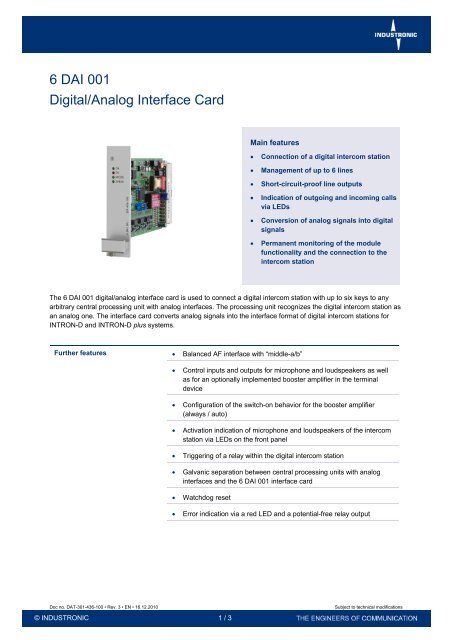 6 DAI 001 Digital/Analog Interface Card - Industronic