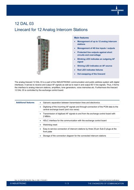 12 DAL 03 Linecard for 12 Analog Intercom Stations - Industronic