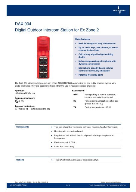 DAX 004 Digital Outdoor Intercom Station for Ex Zone 2 - Source IEC
