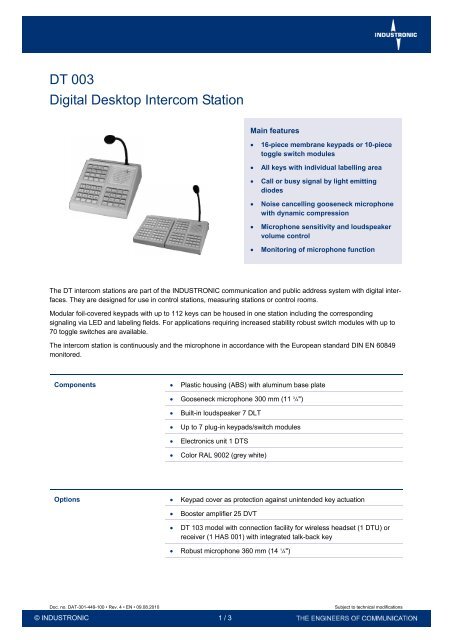 DT 003 Digital Desktop Intercom Station - Industronic